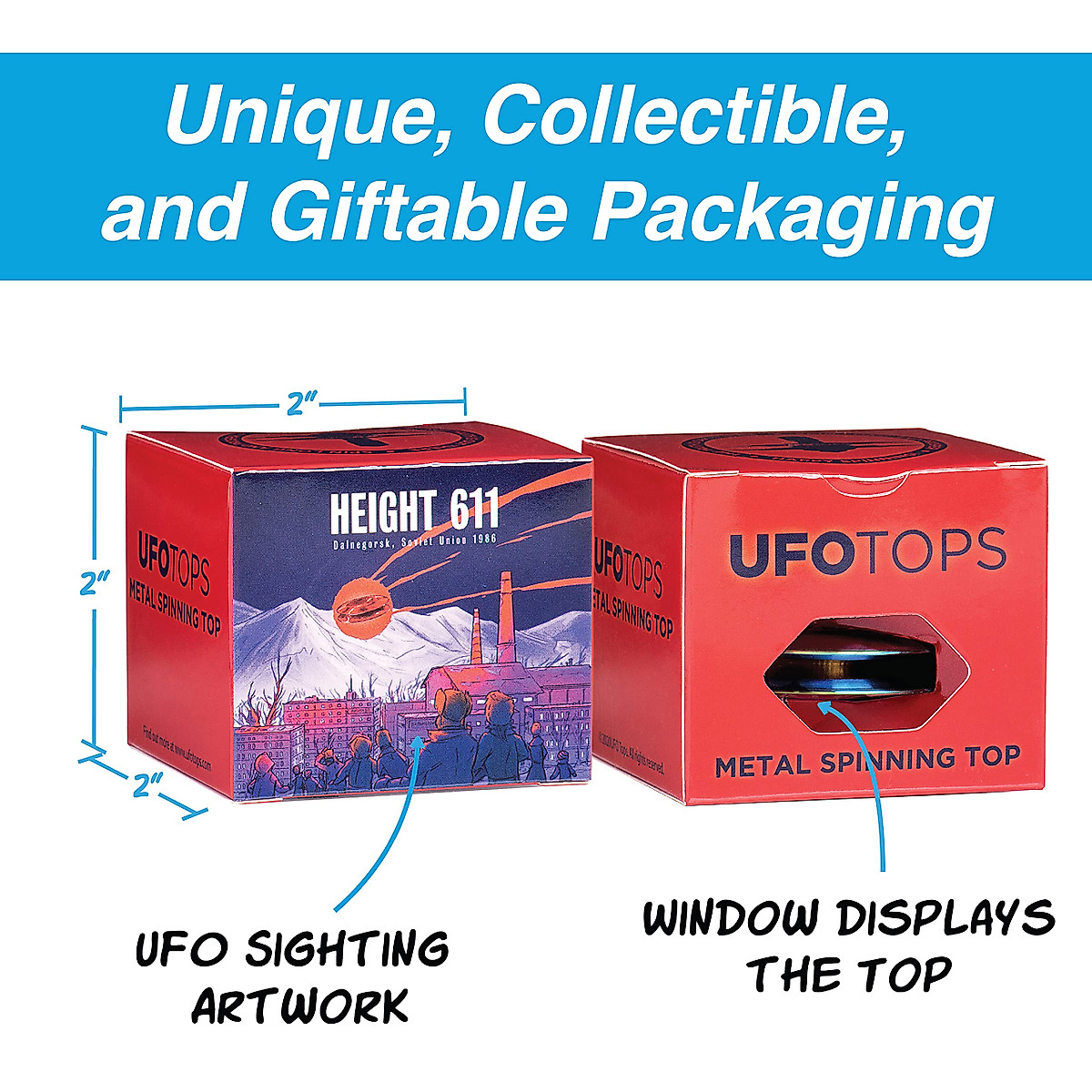 UFO Tops - Height 611 | Metal Spinning Top | Inspired by The 1986 Soviet Union UFO Incident | Raw Stainless Steel UFO Body and Fireball Red Power Core™