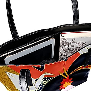 Japanese Geisha Crane Cherry Flowers Leather Tote Shoulder Bag for Women Satchel Handbag