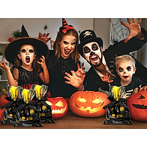 Tenare 100 Pcs Halloween Cellophane Treat Bags Plastic Goodie Candy Bags with 22 Yards Ribbon Halloween Clear Gift Treat Bags for Party Favors Snacks Cookies Packing
