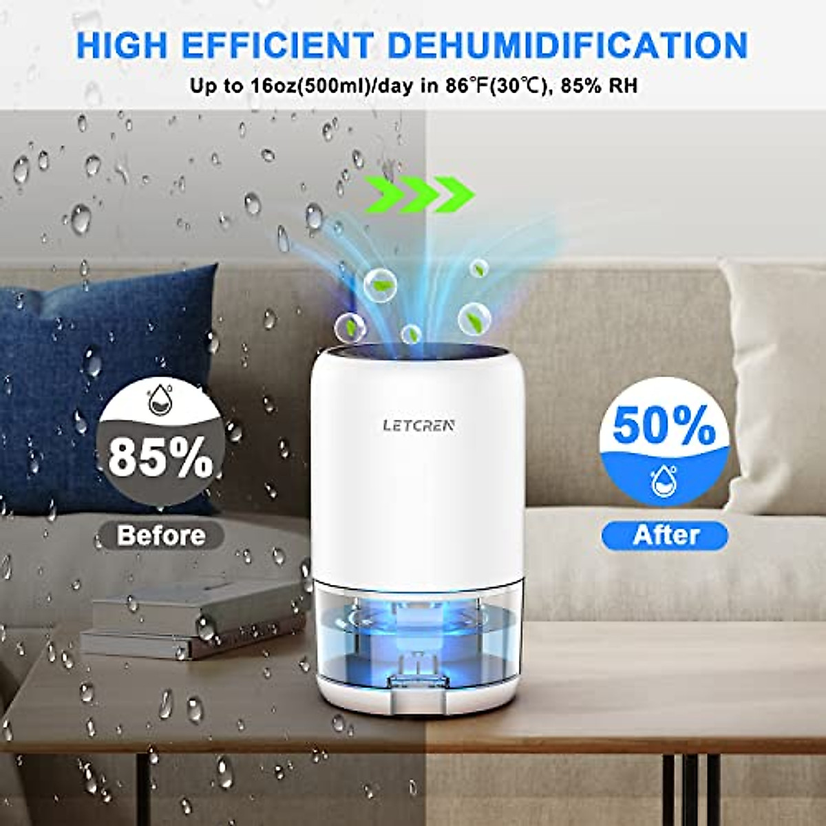 Dehumidifiers for Home Up to 280 sq.ft with Auto-off, Two Working Mode, 7 Colorful LED Light, LETCREN 35oz Quiet and Portable Dehumidifiers for Bathroom, Bedroom, Basement, Kitchen, RV, Closet