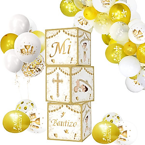 Mexico Mi Bautizo Boxes Decorations Stereoscopic Gold Mi Bautizo Boy Baptism Boxes With Balloons for Boy God Bless,Baptism Party Decoration Christening Photo Background Baby Boy First Holy Communion