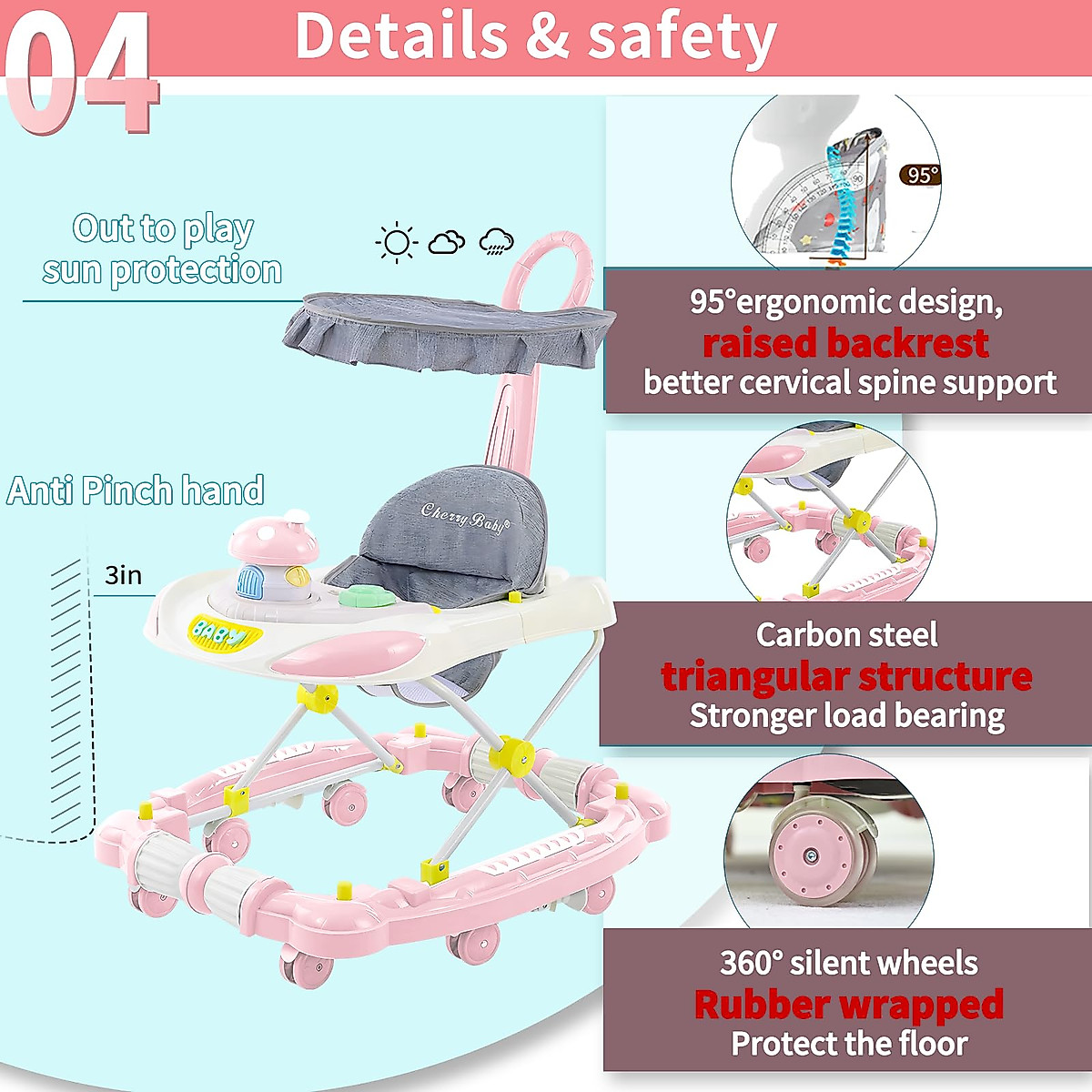 Dingdong Baby Walker - 4 in 1 Baby Walker with Wheels, Variable Rocking Horse, Walker for Baby Girl Adjustable Height (8-17in) and Width, Baby Walkers for Girls, Foot Pads/Handles, Portable Foldable