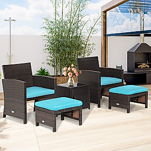 Tangkula 5 Pieces Wicker Patio Furniture Set, Patiojoy Conversation Chair and Ottoman Set with Single-Door Storage Coffee Table and Cushions, Outdoor Lounge Chair Chat Set, Space-Saving (Turquoise)