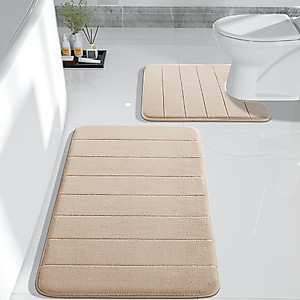 Yimobra Memory Foam Bath Mat Set, 2 Pieces Soft Bathroom Rugs,31.5x19.8 and 24x20.4 U-Shaped for Bathroom Rugs, Toilet Mats, Water Absorption, Non Slip, Thick, Dry Fast for Bathroom Floor Mats, Beige