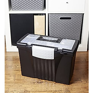 Storex Legal File Box with Organizer Lid – Plastic Office File Storage Box for Letter and Legal Hanging Folders, 17.13 x 9.63 x 11 Inches, Black, 1-Count (61510U01C)
