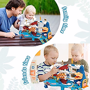 Race Track Toys for Kids Car Adventure Toy Dinosaur Climbing Hills Railcar with 4 Cars Colorful Vehicles Construction Play Set