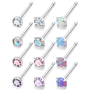 Uzgtvy 20G Nose Ring Stud Piercing Jewelry for Women 316L Stainless Surgical Steel Silver Opal Straight Hypoallergenic sensitive Nose Nostril Ring Pin Bone Bar Stud Body Piercing Jewelry Men 2mm 7mm