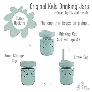 Elk and Friends Kids & Toddler Cups | The Original Glass Mason jars 8 oz with Silicone Straws with Stoppers | Smoothie Cups | Spill Proof Sippy Cups for Toddlers
