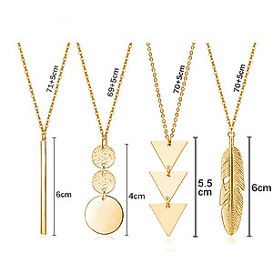 YQZIYOU 4 PCS Long Necklaces for Women - Fashion Pendant Necklace Jewelry, Golden Bar Feather Circle Leaf Lock Tassel Y Necklace Jewelry Set