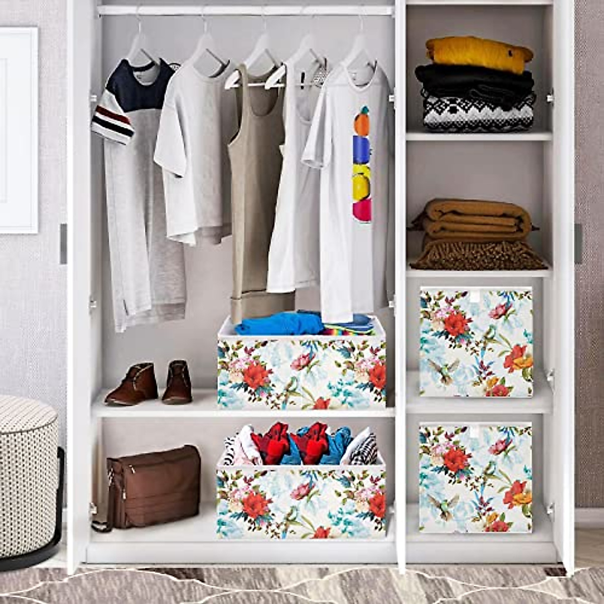 CaTaKu Poppy Rose Birds Storage Baskets Large Rectangular Storage Bins Baskets for Organizing Fabric Collapsible Storage Organizer for Shelves