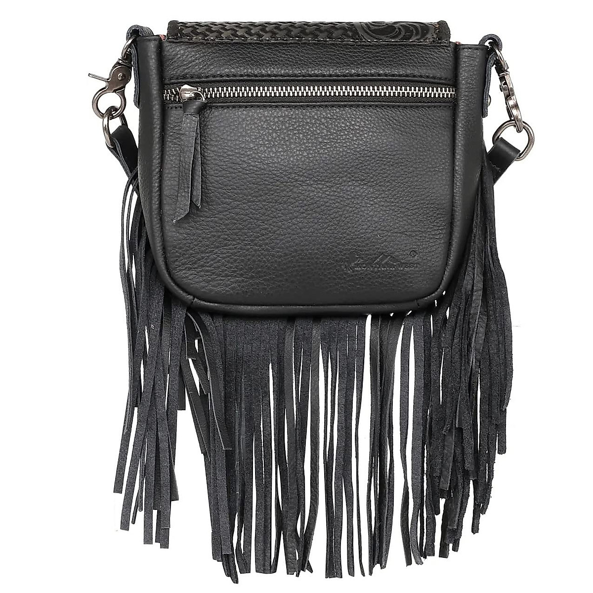 Montana West Handcrafted Leather Convertible Clutch Crossbody Handbag Biker Bag w Fringe (Black Studded w Buckle)