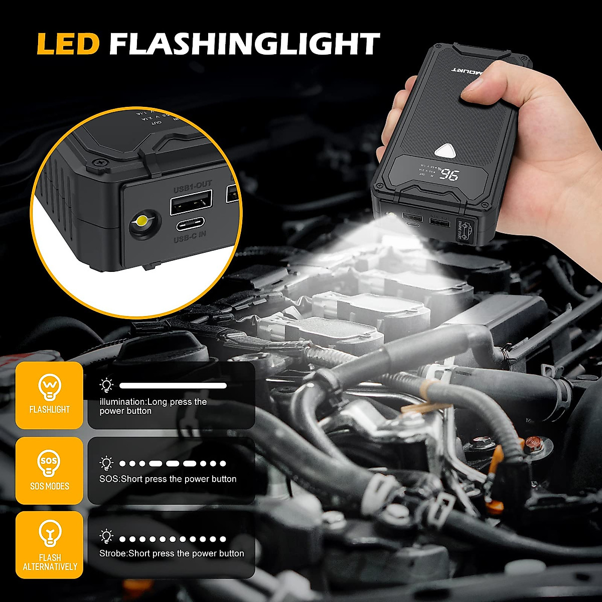 Car Jump Starter Portable, Acmount 1500A Peak Jump Starter Battery Pack for Up to 7L Gas or 6L Diesel Engine, 12V Portable Car Battery Starter with LED Display, USB Quick Charge