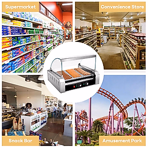 S AFSTAR Commercial 30 Hot Dog 11 Non-Stick Roller Machine, Electric Hot Dog Sausage Grill Cooker Machine with Removable Stainless Steel Drip Tray & Glass Hood Cover, Countertop Hot Dog Roller Warmer