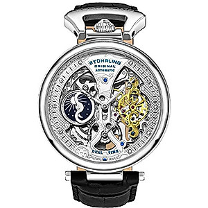 Stührling Original Mens Skeleton Watch Dial Automatic Watch with Calfskin Leather Band and - Dual Time, AM/PM Sun Moon