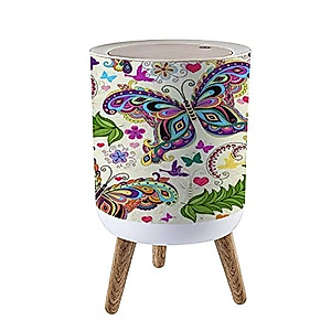 LGCZNWDFHTZ Small Trash Can with Lid for Bathroom Kitchen Office Diaper Seamless Valentine Colorful Vintage Butterflies Flowers Hearts Bedroom Garbage Trash Bin Dog Proof Waste Basket Cute Decorative