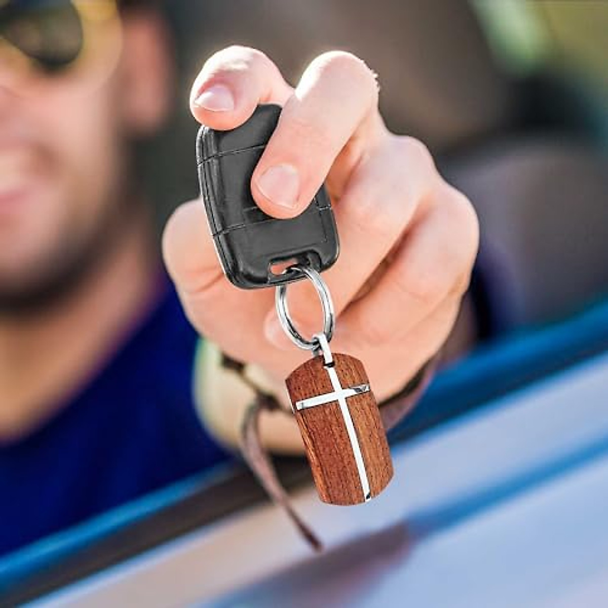 Wooden Cross Keychain for Men- Hawaiian Wood Keychain Stainless Steel Ring, Mens Keychain Koa Christian Baptism Crucifix