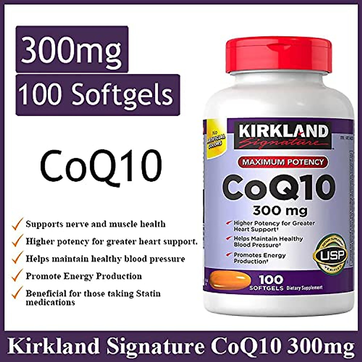 Kirkland Signature Maximum Potency CoQ10 300 mg 100 Softgels Each (Pack of 1)