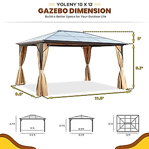 YOLENY 10'x12' Hardtop Gazebo, Outdoor Polycarbonate Roof Canopy, Aluminum Frame Permanent Pavilion with Curtains and Netting, Sunshade for Garden, Patio, Lawns