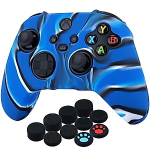 YoRHa Silicone Thickened Cover Skin Case for Xbox Series X/S Controller x 1(Camouflage Blue) with Thumb Grips x 10