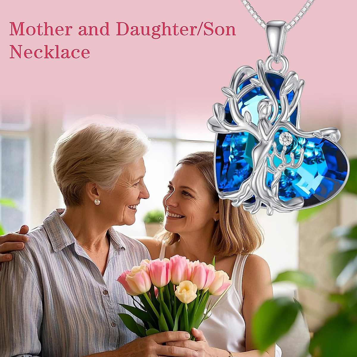 TOUPOP Gifts for Mom Mother and Daughter Son Necklace Sterling Silver Family Tree of Life Pendant Necklace Heart Crystal Birthday Mothers Day Jewelry Gifts for Women Wife Grandma