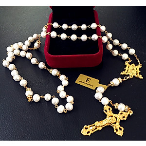 elegantmedical HANDMADE CATHOLIC GLOD 8MM REAL PEARL PEARL BEADS NECKLACE 5 DECADE ROSARY & CROSS CRUCIFIX BOX