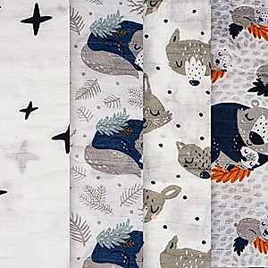 Viviland Muslin Baby Swaddle Blankets, Bamboo Cotton Soft Nursery Swaddle for Newborn Boys and Girls, Gender Neutral Receiving Blankets for Infants, Raccoon & Fox Pattern, 47 * 47 inches 4 Pack