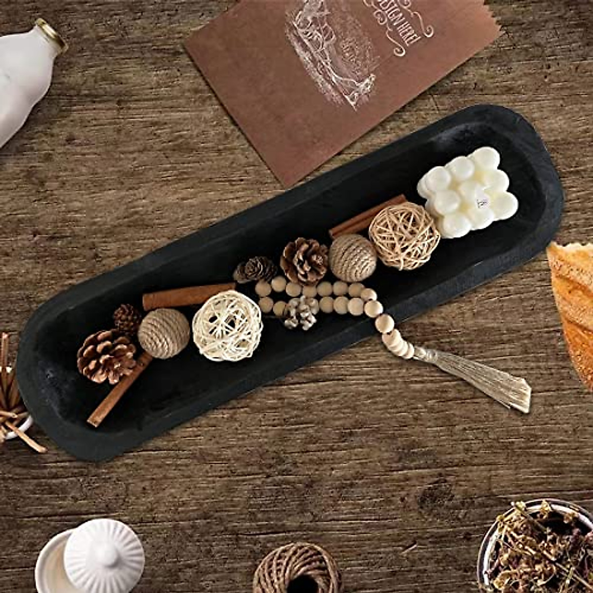 Wooden Dough Bowls Decorative，Rustic Bread Long Bowls Decor Wood Tray, Hand Carved For Table Centerpiece Decor, Home Decor (20 * 6 * 2 inch Black)