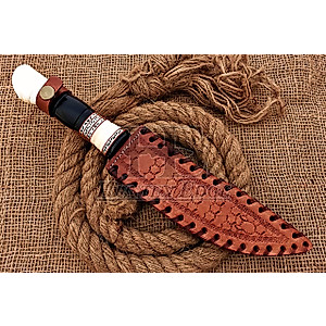 HUNTEX Unique Custom Handmade Hand-Forged Ladder Pattern Damascus Steel 12 Inch Long Full Tang Buffalo Horn Handle Razor Sharp Hunting Camping Spay Point Slicer Knife with Genuine Leather Sheath