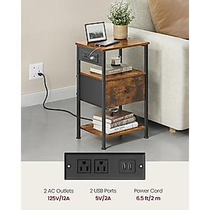 VASAGLE Nightstand with Charging Station, Night Stand, Side Table with 1 Drawer and 2 Open Shelves, Fabric Drawers with MDF Front, End Table, Rustic Brown and Classic Black ULGS026K01