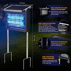 Solar Bug Zapper Outdoor, Wireless Portable Camping Mosquito Zapper with Panel Sensor, Fly Traps with 10FT Extension Cord, Fly Zapper, Mosquito Killer, Electric Trap Ideal for Home, Patio, Backyard