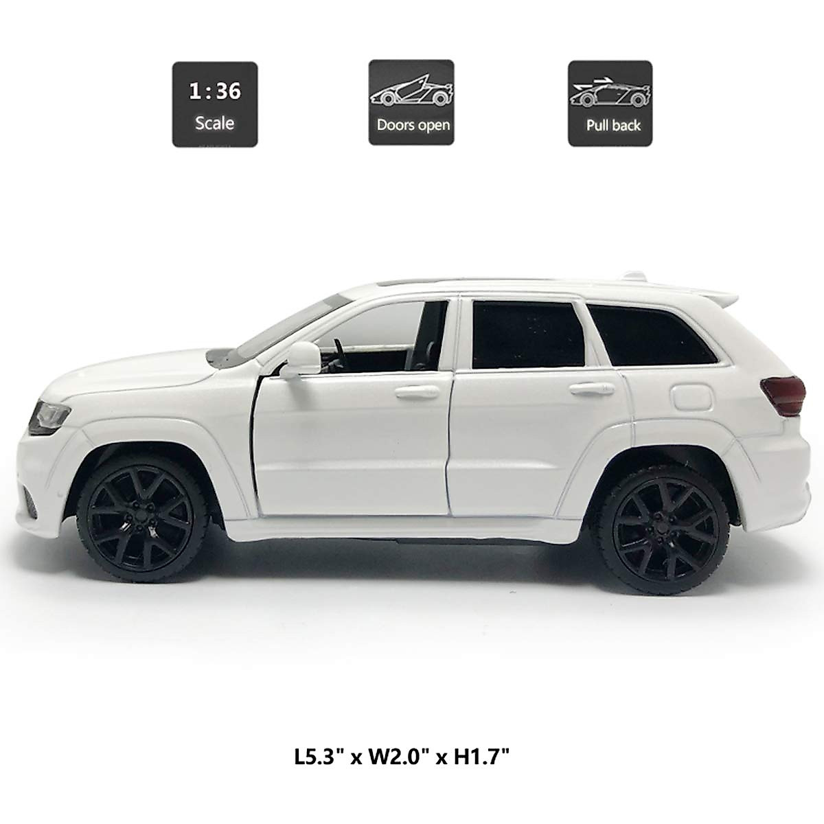 Grand Cherokee Trackhawk Toy Car SUV Diecast Model Car 1/36 Scale Pull Back Vehicle Zinc Alloy Casting Metal, Doors Open, Toys for Boys Kids Birthday Gifts Adults Mens Collection, White