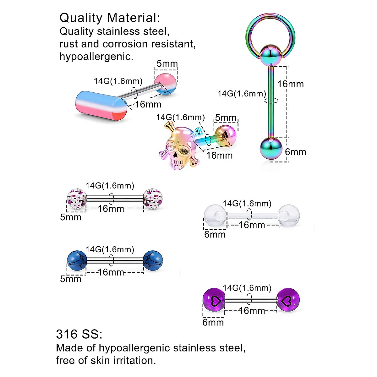 Ronbemo 22Pcs Assorted Styles 14G Tongue Rings Stainless Steel Tongue Piercing Barbells Long Tounge Piercing Jewelry for Women Men Rainbow