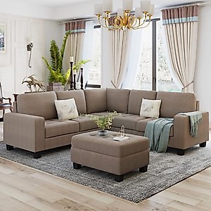 Merax Sectional Corner Sofa Set, Modern L-Shaped Couch with Storage Ottoman and Cup Holders for Living Room, Linen Brwon