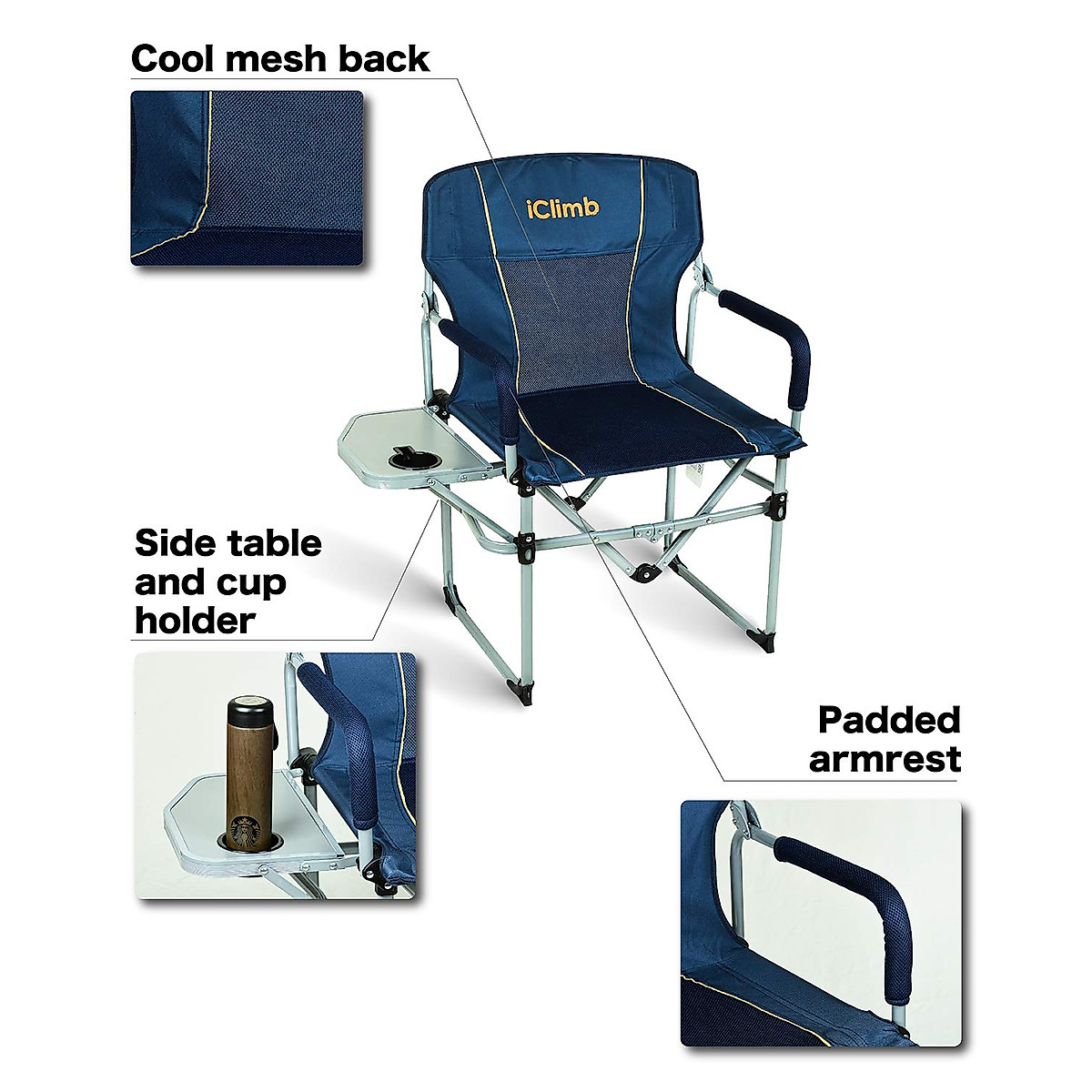 iClimb Heavy Duty Compact Camping Folding Mesh Chair with Side Table and Handle (Navy)