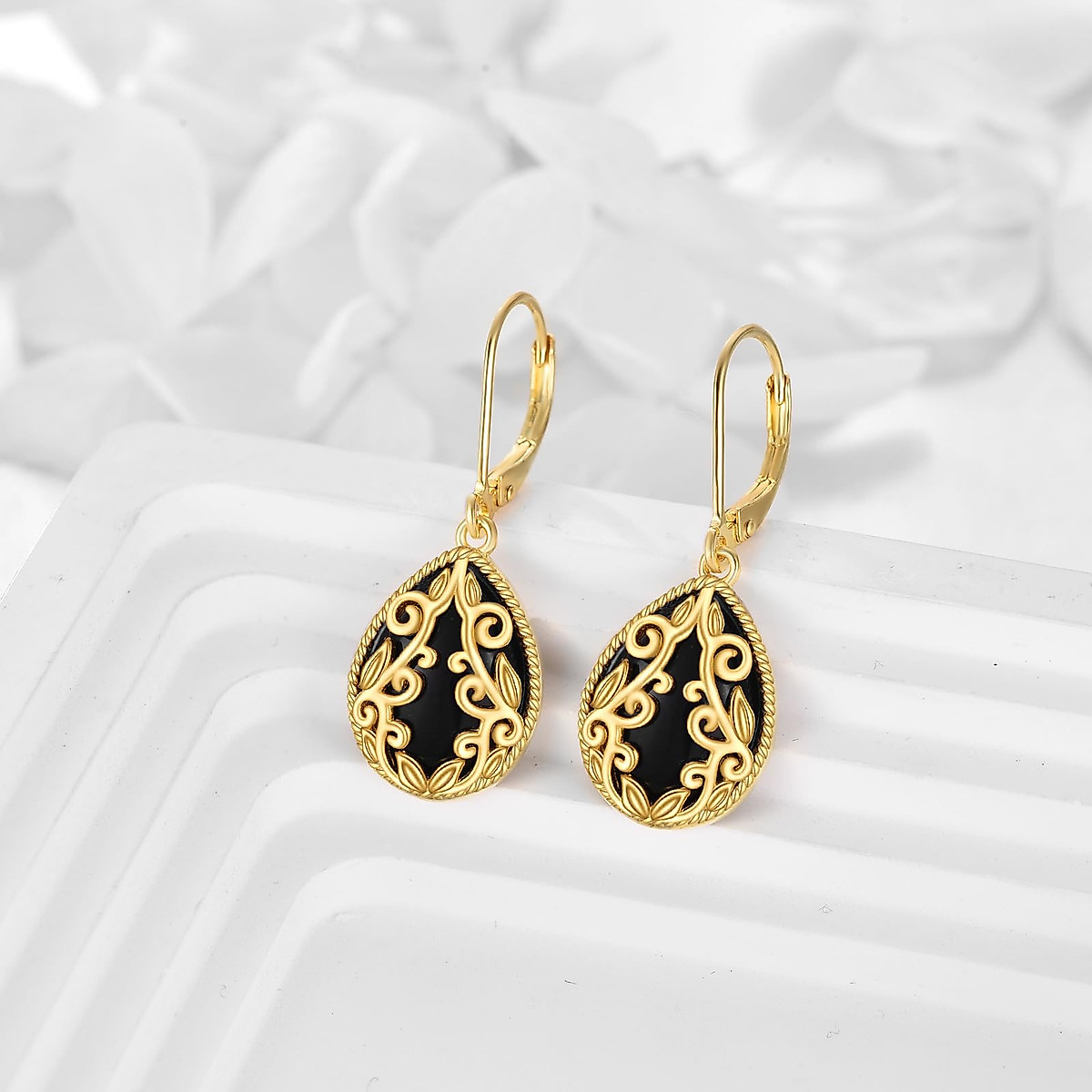 Sterling Silver Black Onyx Earrings18K Gold Plated Filigree Teardrop Leverback Dangle Earrings Boho Drop Earrings Jewelry Christmas Gifts for Women