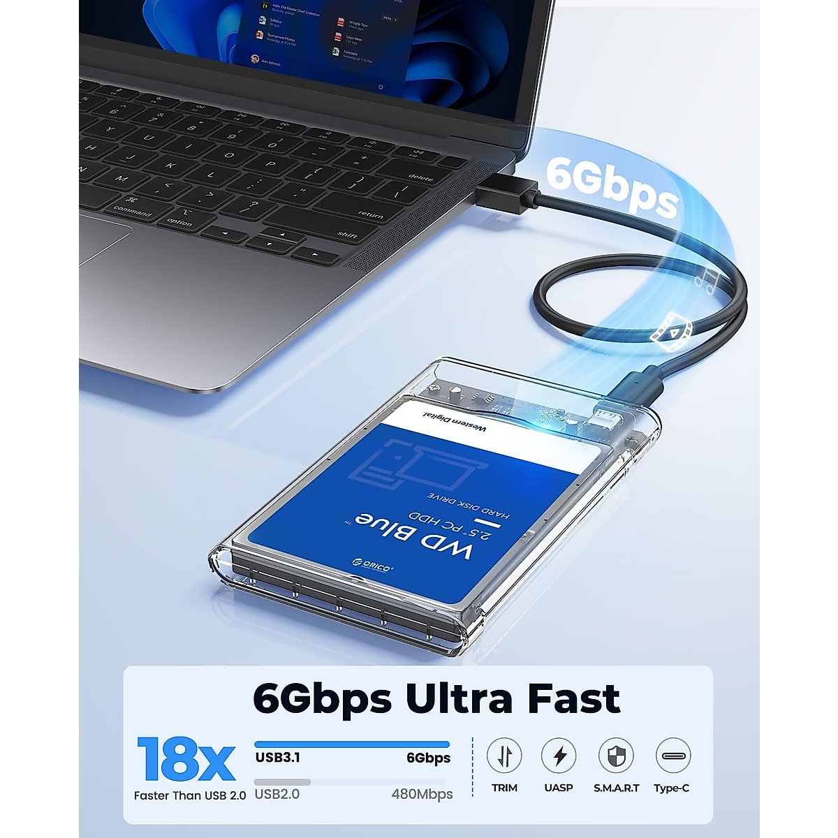 ORICO 2.5 inch Hard Drive Enclosure SATA to USB C 3.1 6Gbps External Hard Drive Case for 7/9.5mm HDD/SSD Support UASP Up to 6TB -2139C3-CR