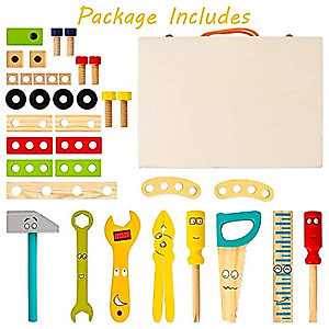 KIDWILL Tool Kit for Kids, 37 pcs Wooden Toddler Tools Set Includes Tool Box & Stickers, Montessori Educational Stem Construction Toys for 2 3 4 5 6 Year Old Boys Girls, Best Birthday Gift for Kids