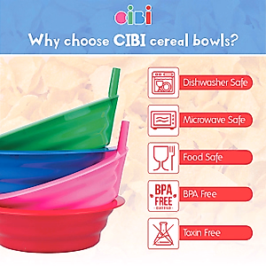 Cereal Bowls with Straws for Kids by CIBI | BPA-Free Plastic | Toddler Sip-A-Bowls with Built-In Straw for Cereal and Soup | Set of 4 Colorful Breakfast Bowls
