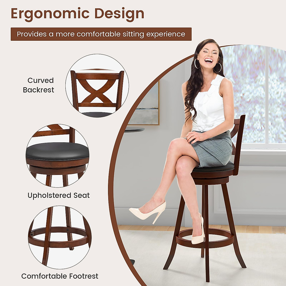 Giantex 30” Bar Stools Set of 2, 360° Swivel Counter Height Stools with Back, Solid Rubber Wood Frame, Leather Padded Seat, Vintage Upholstered Armless Farmhouse Barstools for Kitchen Island Home Bar