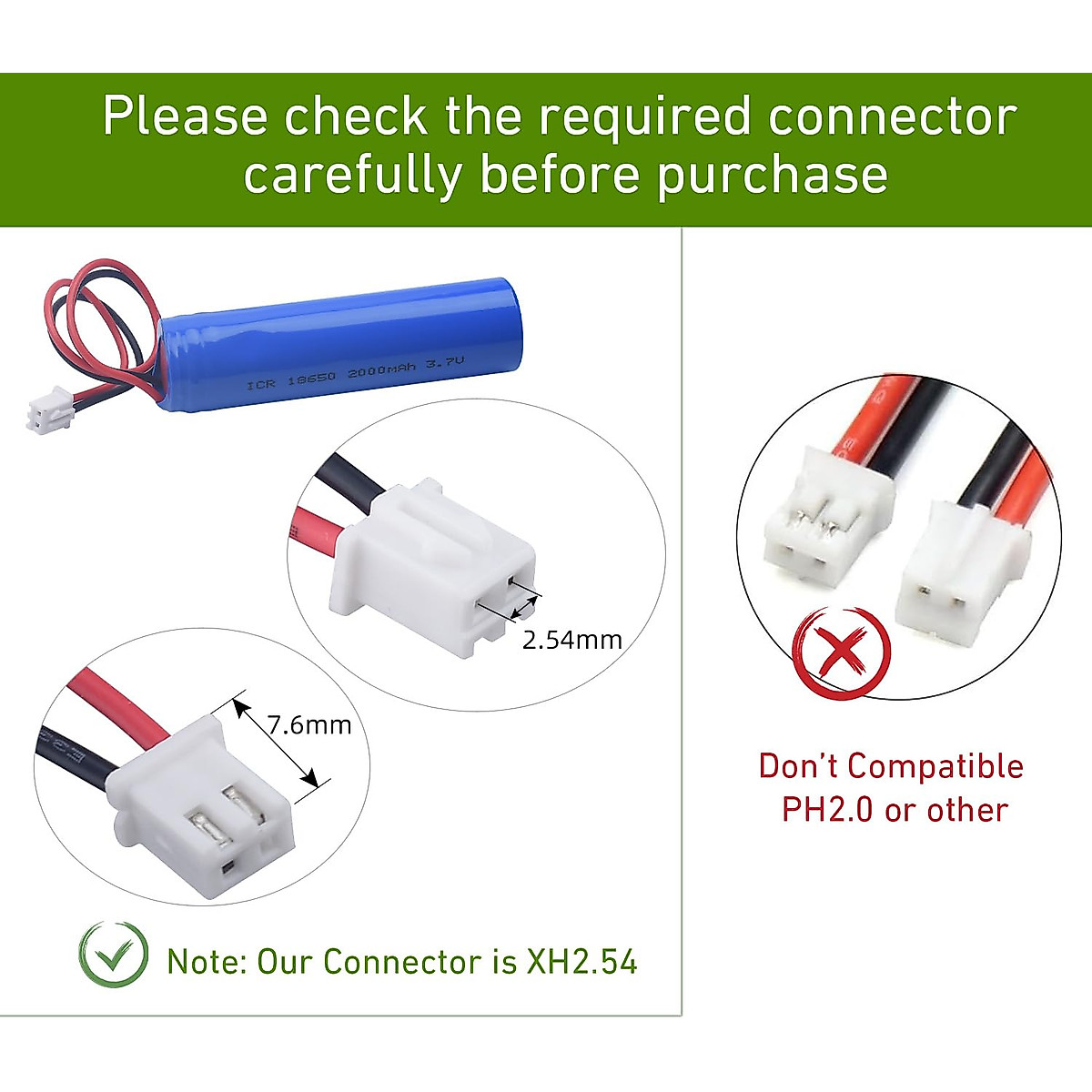 AUDEEKON 3.7Volt Lipo Battery 2000mAh Rechargeable Battery Pack with Wire and JST Connector, ICR18650 Battery 2000mah 3.7v Replacement Batteries for Electronics, Toys, Lighting, Equipment