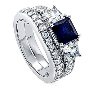 BERRICLE Sterling Silver 3-Stone Wedding Engagement Rings Simulated Blue Sapphire Princess Cut Cubic Zirconia CZ Ring Set for Women, Rhodium Plated Size 7