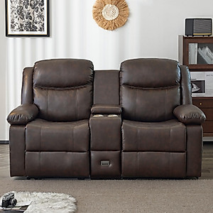 PALLOME Loveseat Recliner Sofa, PU Leather Sofa Couch, Manual Recliner Loveseat with Console, Double Reclining RV Sofa with Cup Holders and Side Pocket for Living Room/Office/Apartment (Brown)