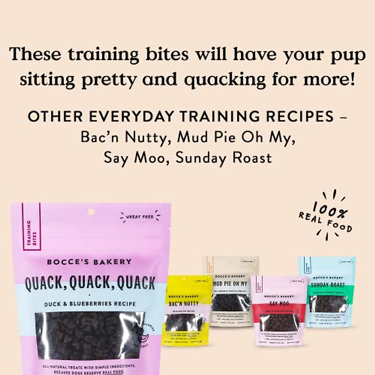 Bocce's Bakery Quack, Quack, Quack Training Treats for Dogs, Wheat-Free Dog Treats, Made with Real Ingredients, Baked in The USA, All-Natural & Low Calorie Training Bites, Duck & Blueberry, 6 oz
