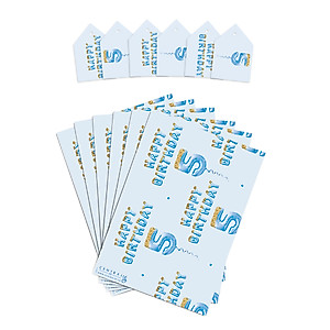 CENTRAL 23 Blue Wrapping Paper for Boys - Age Five - 6 Sheets Birthday Gift Wrap - Happy 5th Birthday Wrapping Paper - Comes With Stickers - Recyclable