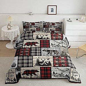 Rustic Cabin Comforter Set Twin Woodland Wolf Deer Bear Comforter For Kids Adults,Red Black Buffalo Plaid Bedding Set Wildlife Camping Lodge Mountain Quilt Bedding Southwestern Farmhouse Decor