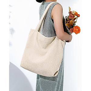 Iioscre Corduroy Tote Bag for Women,Hobo HandBags with Zipper,Large Capacity Casual Shoulder Handbags with Inner Pockets