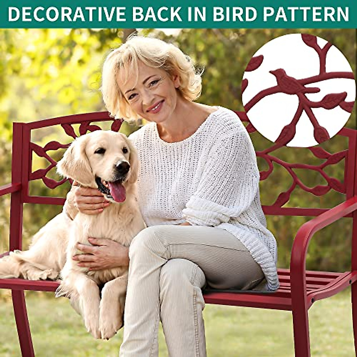 YITAHOME Outdoor Bench 50" Metal Bench Bird Pattern Patio Bench with Backrest and Armrest for Porch Lawn Balcony Backyard and Indoor Red