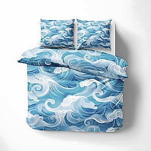 QpaZynthy Japanese Wave Bedding Queen Size, Blue Ocean Duvet Cover Set 3 Pieces, Nautical Abstract Duvet Cover and 2 Pillow Shams, Soft Microfiber Comforter Cover with Zipper Closure