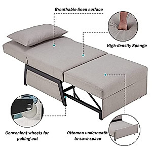 YODOLLA 4 in 1 Convertible Chair Bed, Pullout Small Sofa Bed Sleeper Sofa for Adult, Pop up Single Folding Bed, Chair, Chaise Lounge, Ottoman, Grey