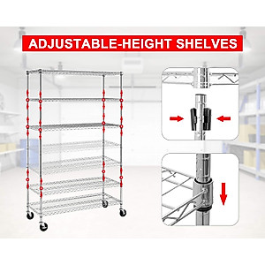FDW 48 inch L×18 inch W×76 inch H Wire Shelving Unit Metal Shelf with 6 Tier Casters Adjustable Layer Rack Strong Steel for Restaurant Garage Pantry Kitchen Garage, Chrome